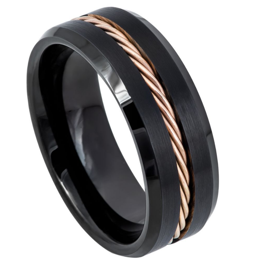 Black, Rose Gold Rope Tungsten Band – The Classic Gem