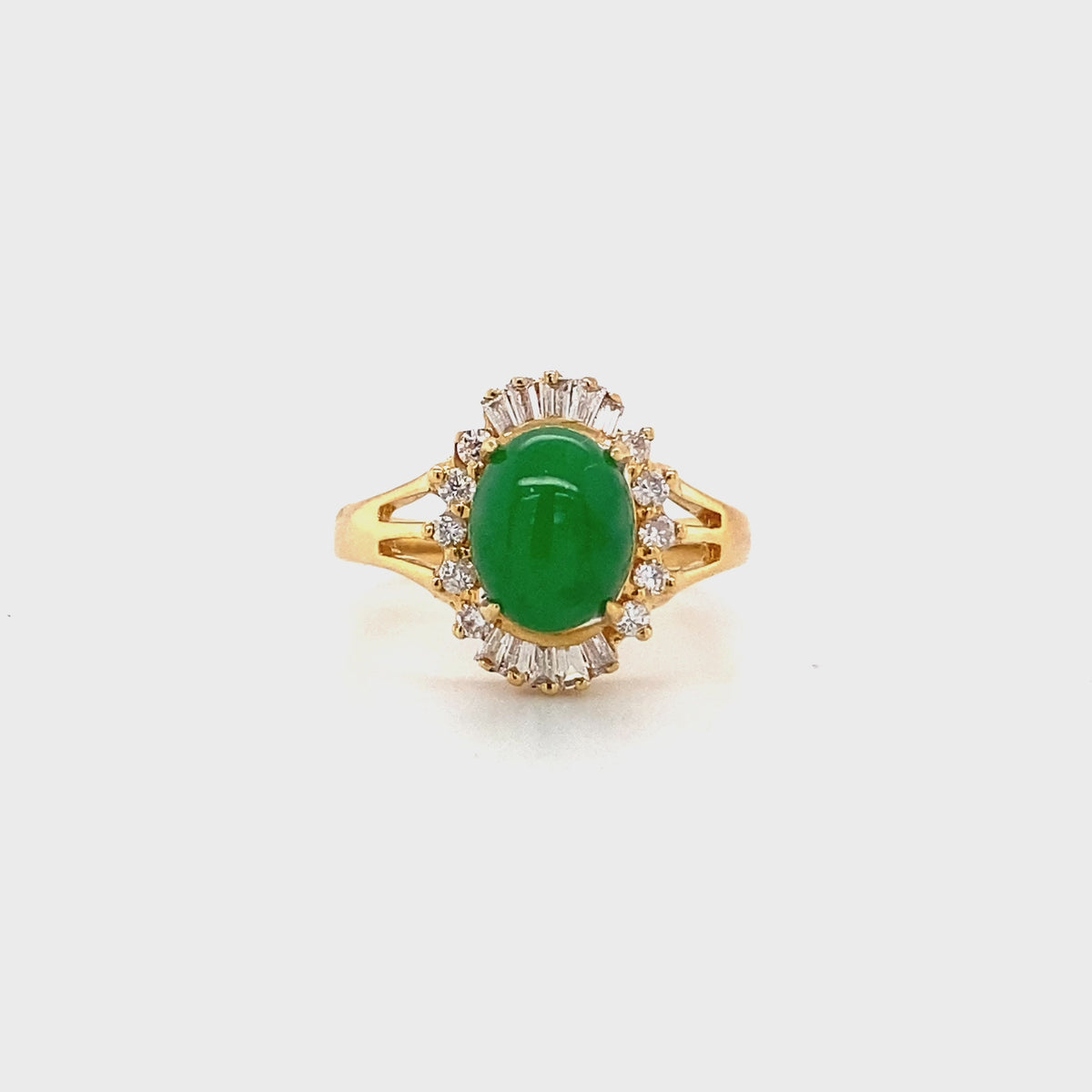 Mid Century Oval Jade Ring with Mixed Cut Halo – The Classic Gem